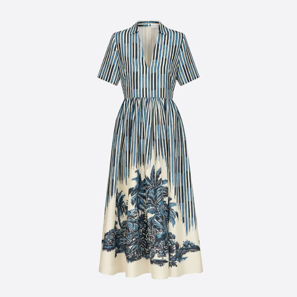 Dior Women Long Dress Blue and White Silk Canvas with Dior Palms Motif