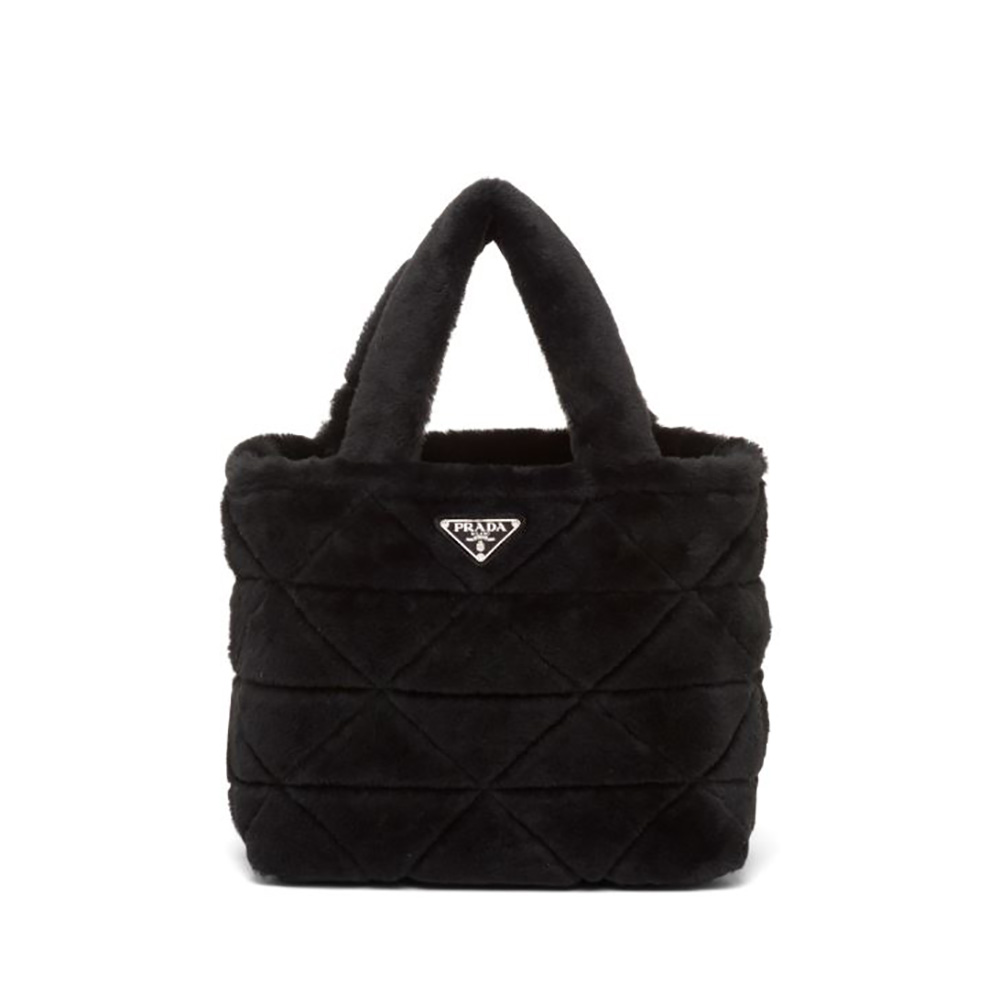 Prada Women Iconic Triangle Logo Soft Shearling Tote-Black