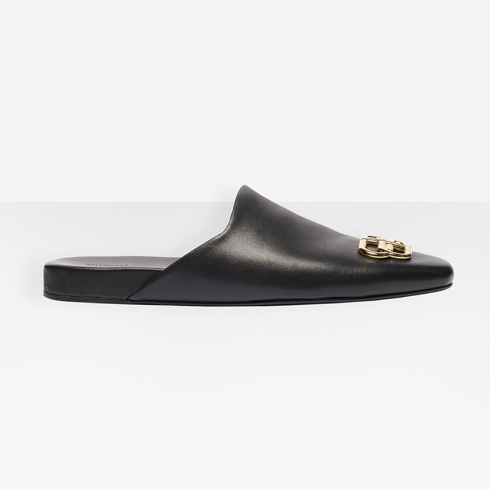 Balenciaga Women Cosy BB Slide in Black Smooth Calfskin Aged-gold Hardware