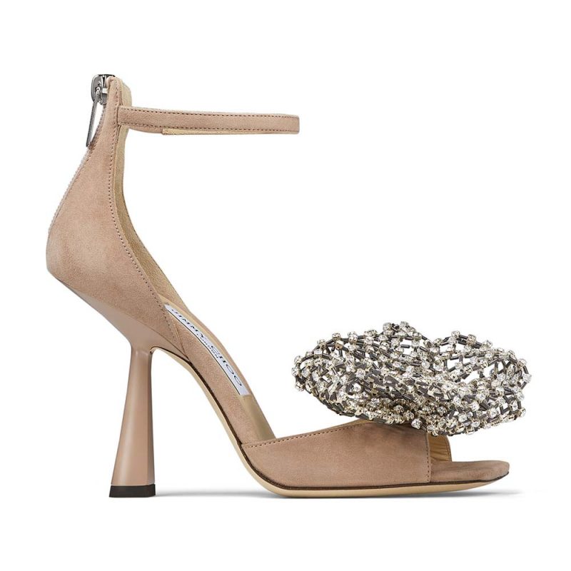 Jimmy Choo Women Seka 100 Ballet Pink Suede Pumps with Crystal Bow Clasp