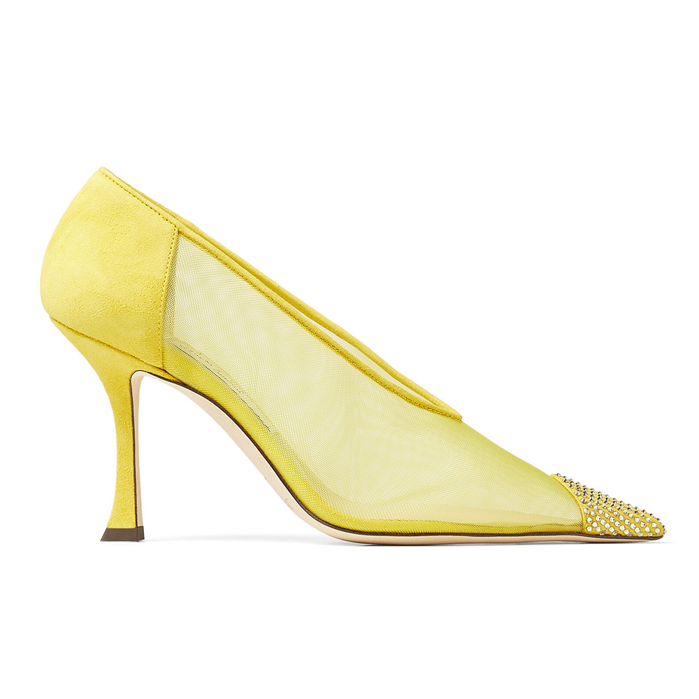 Jimmy Choo Women Nicole 90 Yellow Mesh and Suede Pumps with Crystal ...
