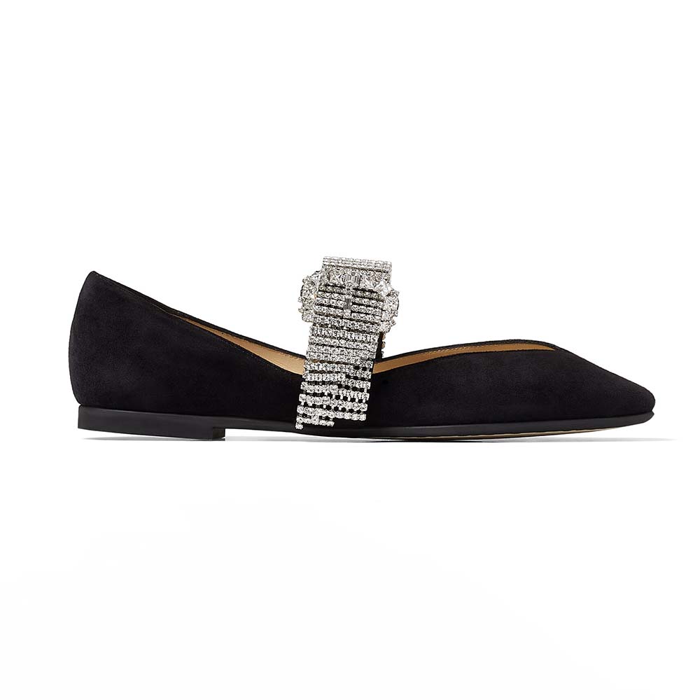 Jimmy Choo Women Krista Flat Black Suede Flats with Crystal-Embellished ...