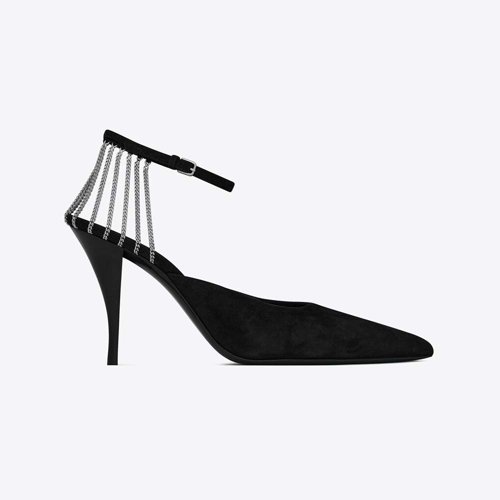 Saint Laurent YSL Women Sling Chain Pumps in Suede-Black