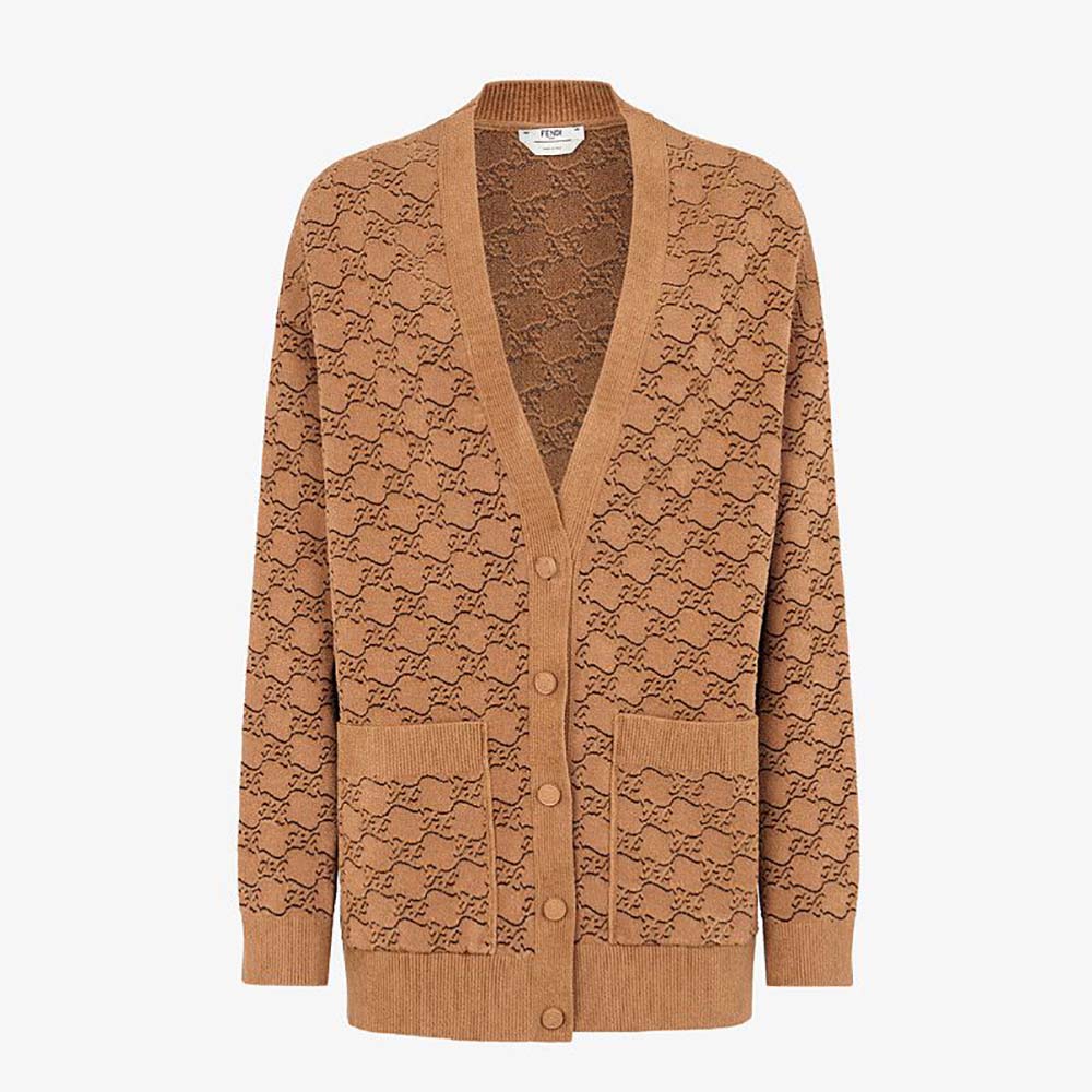 Fendi Women Beige Velvet and Viscose Cardigan with V Neck and Ribbed Edges