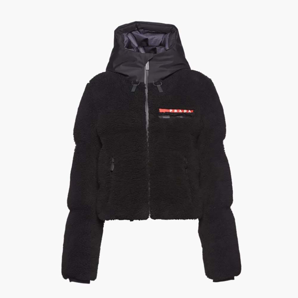 Prada Women Cropped Recycled Fleece Down Jacket-Black