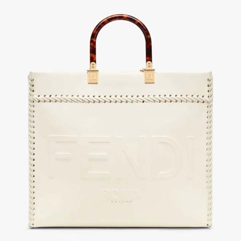 Fendi Women Sunshine Medium Brown Leather Shopper with Decorative Stitching