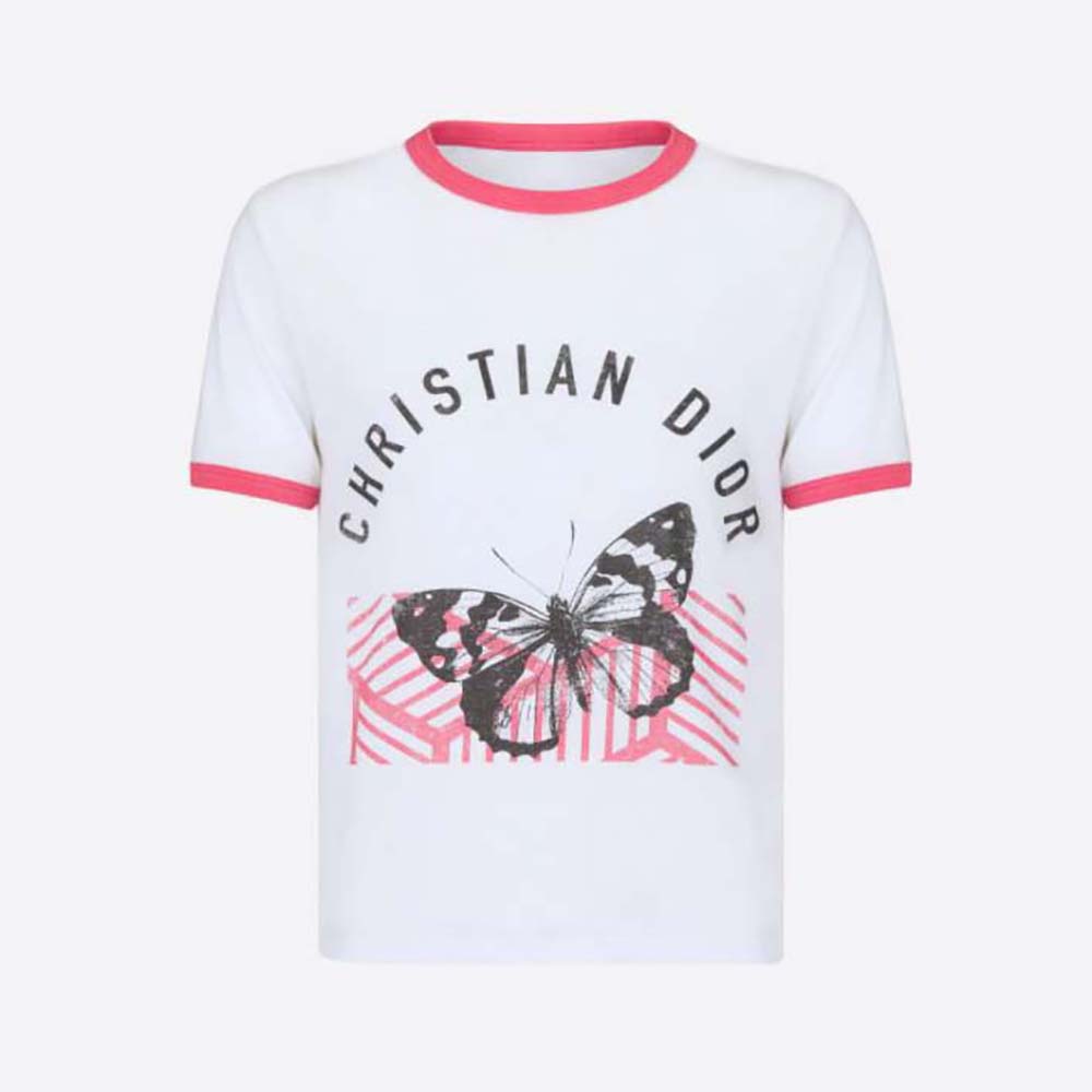 Dior Women T-shirt White Cotton Jersey with Fluorescent Pink D-Jungle ...