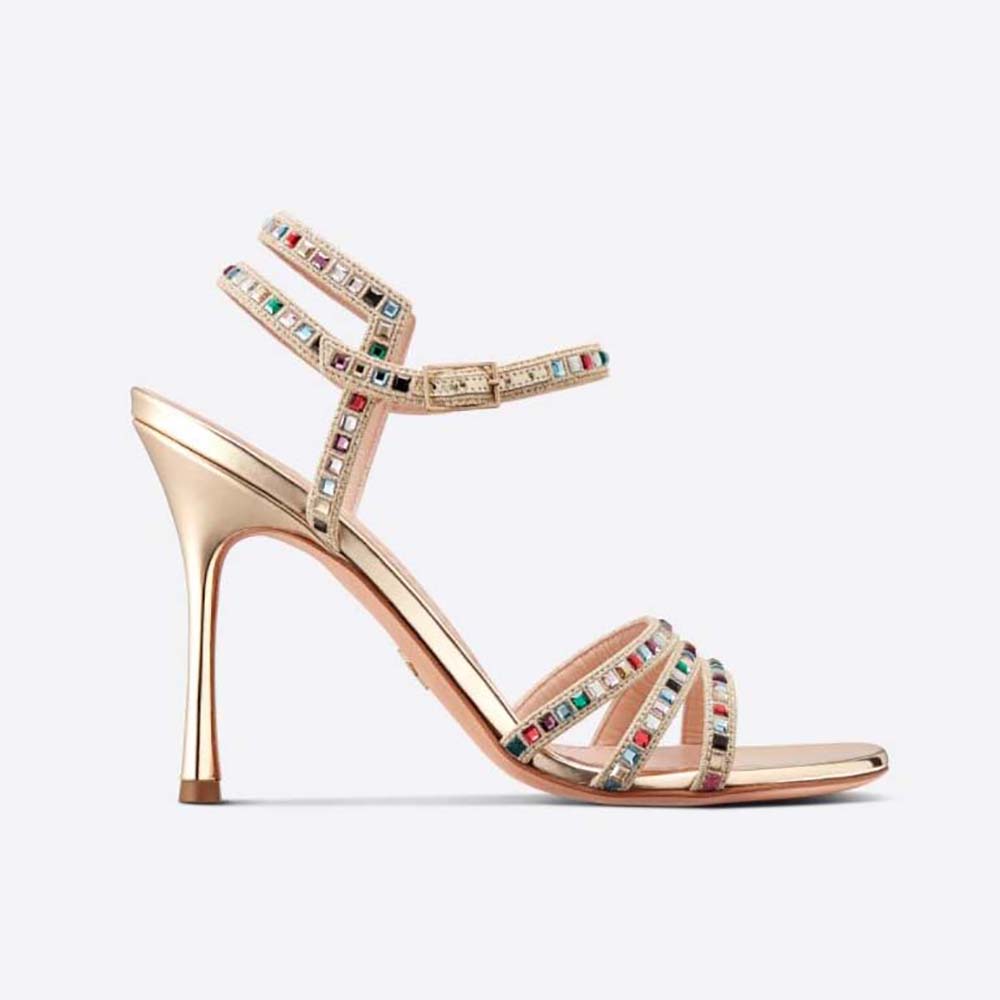 Dior Women Gem Heeled Sandal Gold-Tone Cotton Embroidered