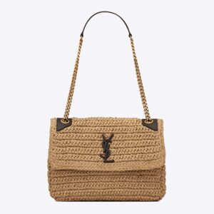Saint Laurent YSL Women Niki Medium Chain Bag in Raffia and Leather-Pink