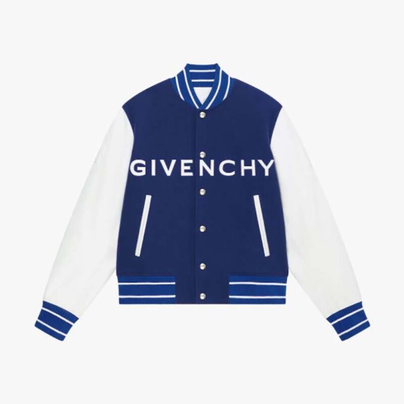 Givenchy Women Bomber Jacket in Wool and GIVENCHY Leather - White/Blue