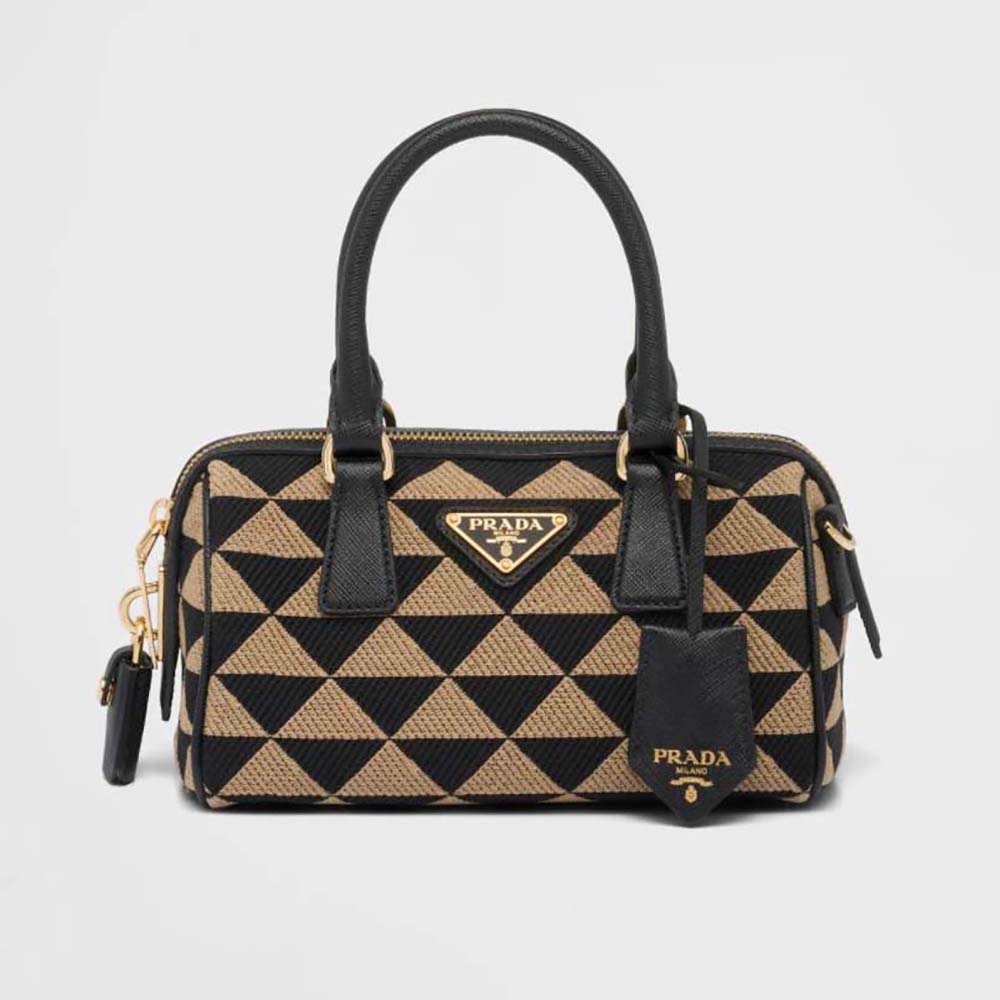 Prada Women Symbole Embroidered Jacquard Fabric Top-Handle Bag-Black