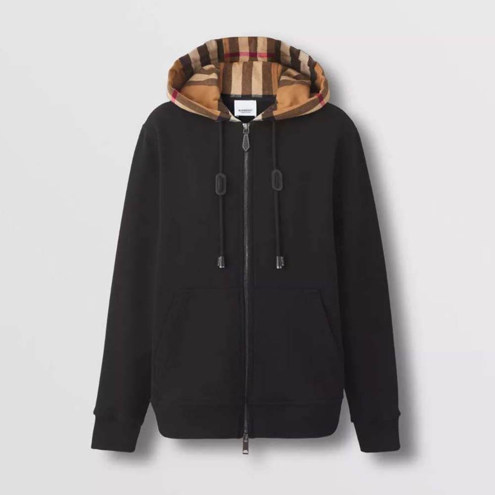 Burberry Men Check Hood Cotton Hooded Top-Black