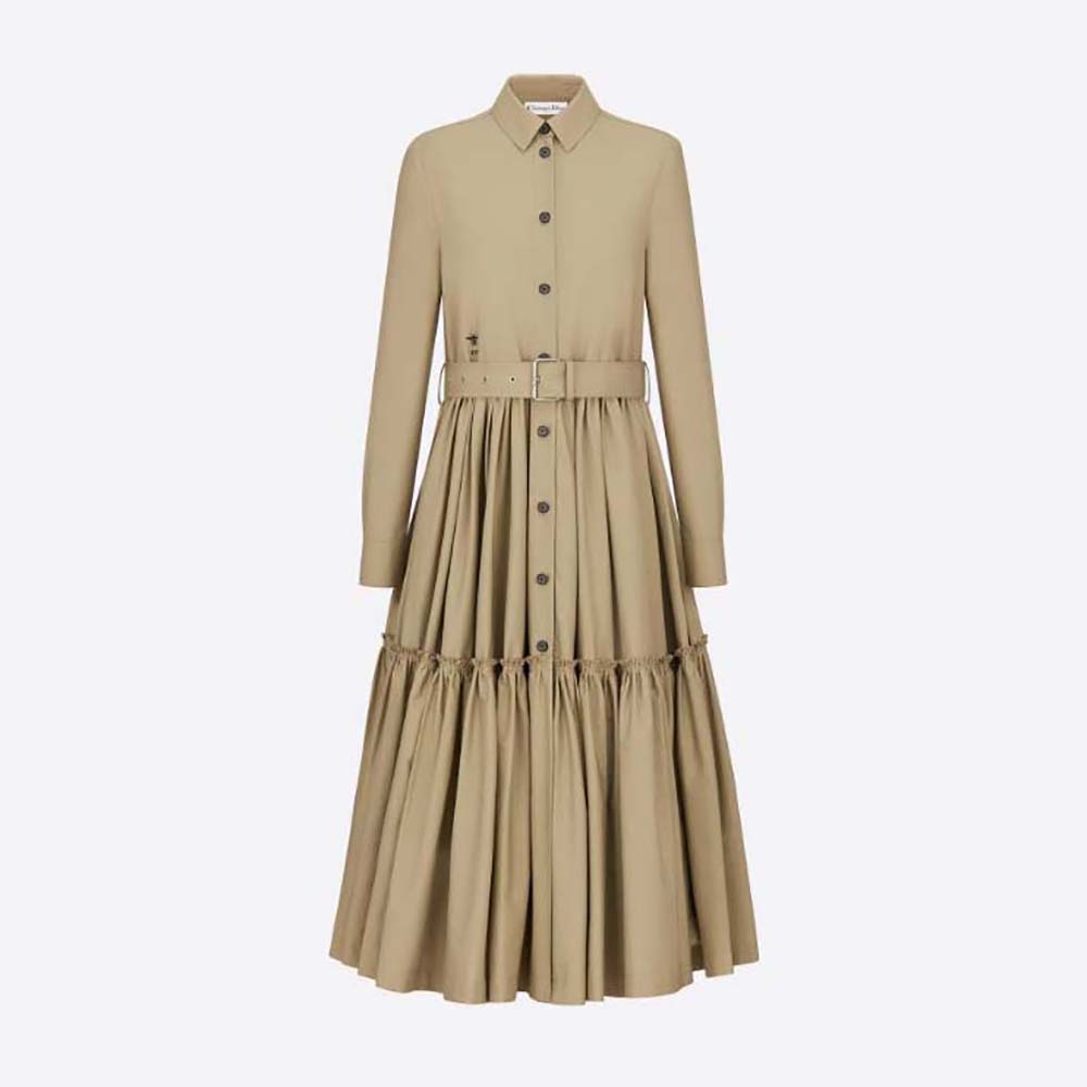 Dior Women Mid-Length Belted Dress Beige Cotton Gabardine