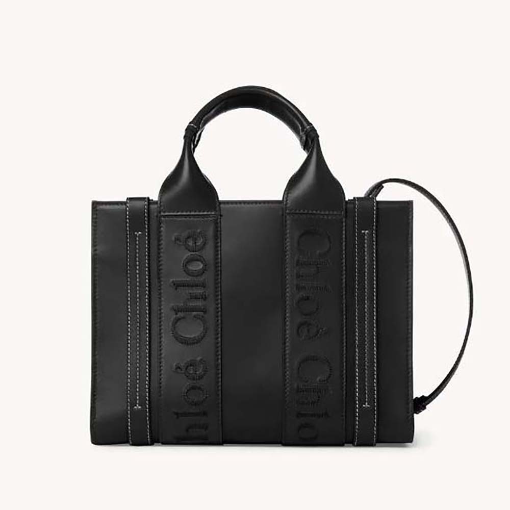 Chloe Women Medium Woody Tote Bag with Embroidered Chloé Logo-Black