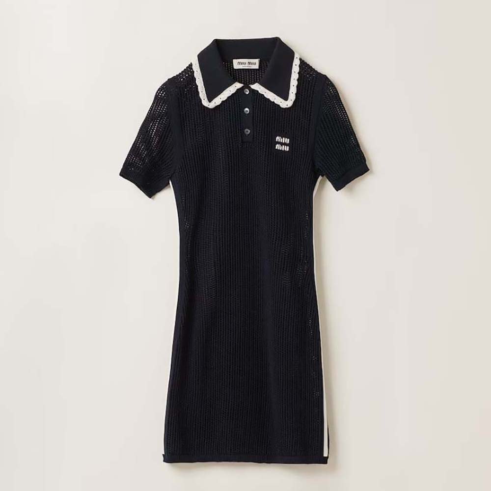 Miu Miu Women Knit Cotton Polo Shirt with Intarsia Logo-White