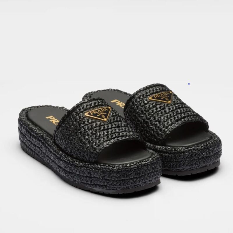 Prada Women Crochet Flatform Slides with Enameled Metal Triangle Logo-Beige