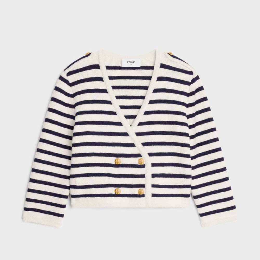 Celine Women Cropped Cardigan in Marinière Wool