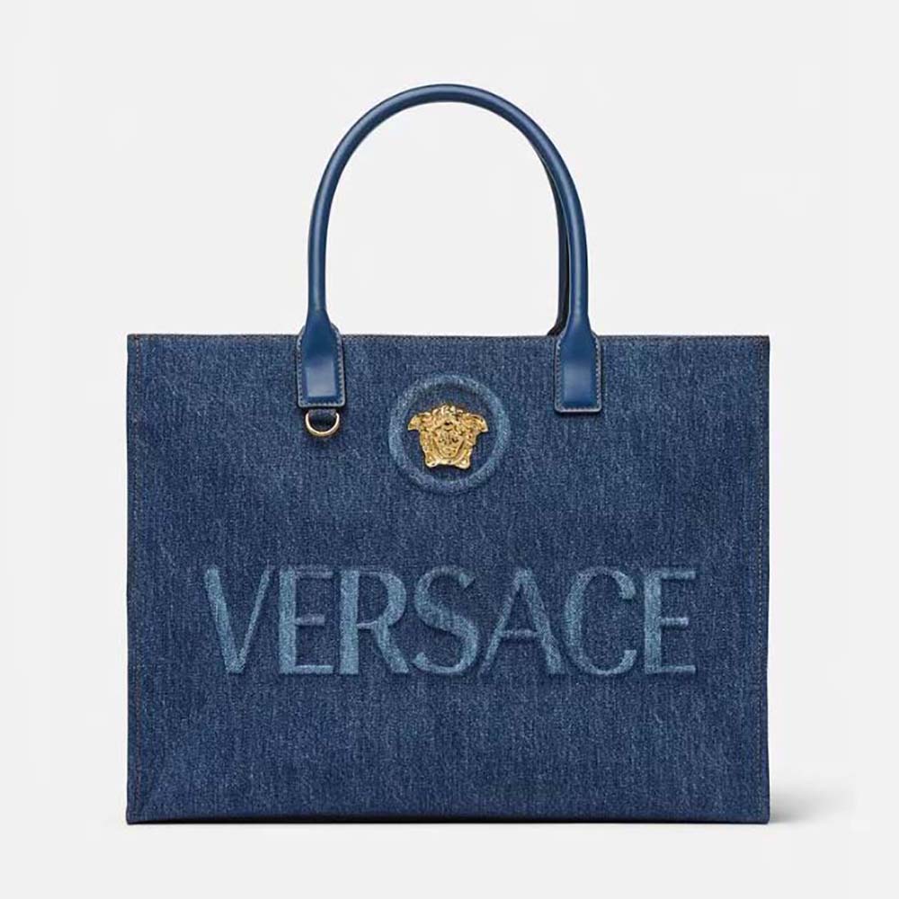 Versace Women La Medusa Denim Large Tote Bag-Blue