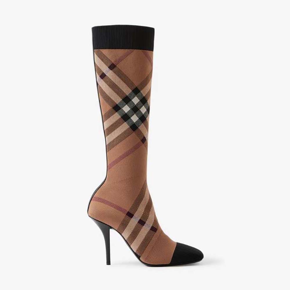Burberry Women Knitted Check Sock Boots-Brown