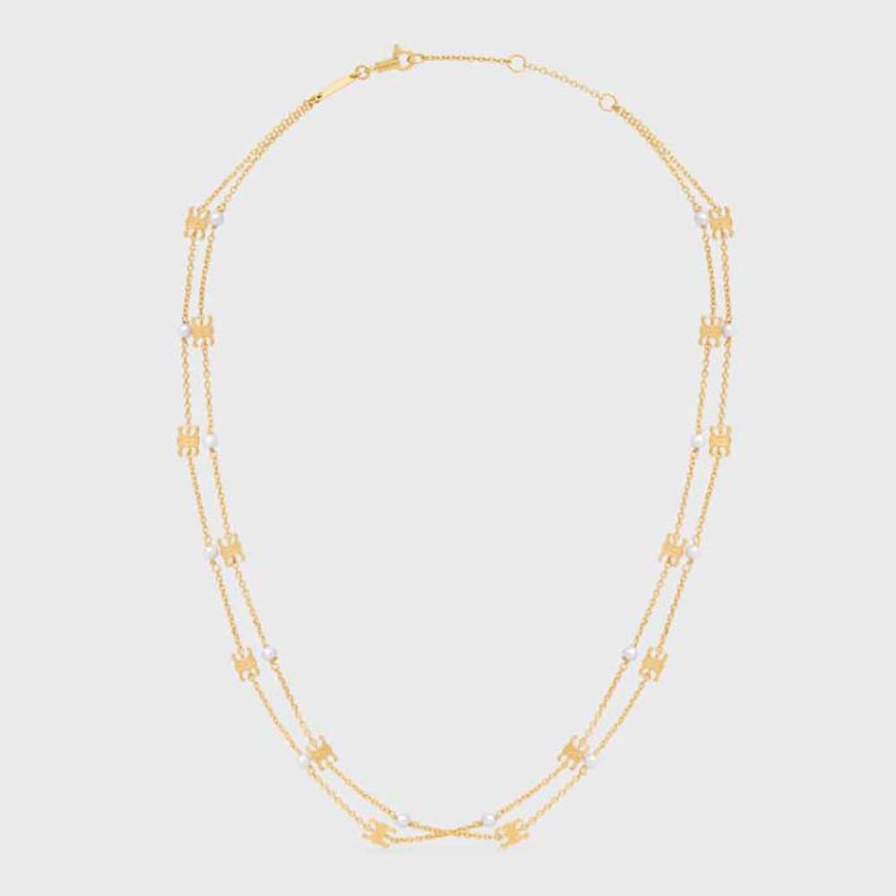 Celine Women Triomphe Pearl Double Necklace in Brass with Gold Finish ...