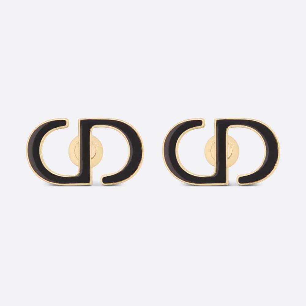 Dior Women Petit CD Stud Earrings Gold-Finish Metal and Black Lacquer