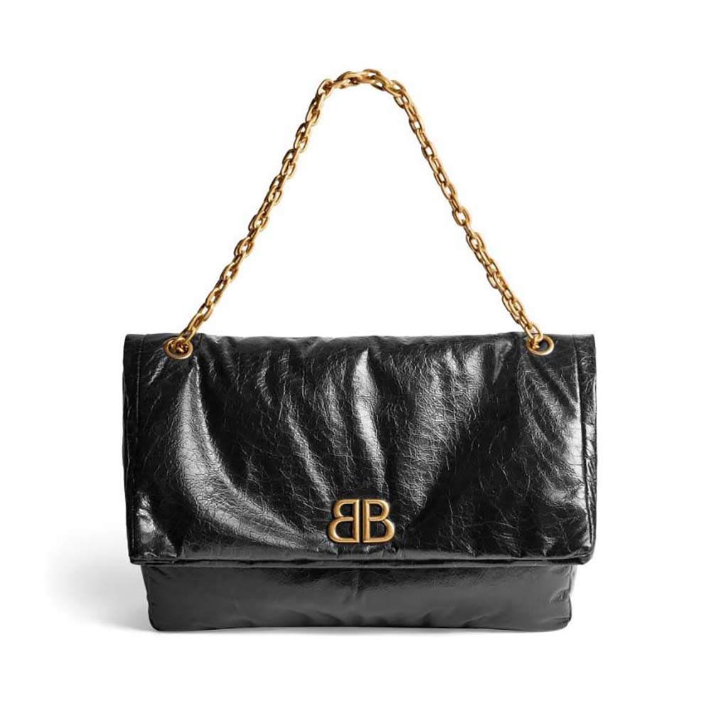 Balenciaga Women Monaco Large Chain Bag in Black Arena Calfskin