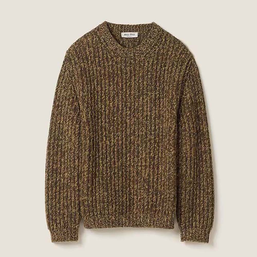 Miu Miu Women Wool and Cashmere Sweater with Knit Logo Patch-Green