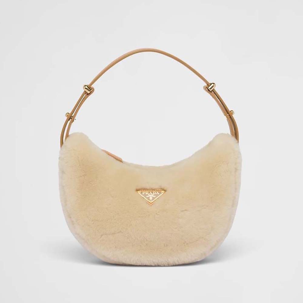 Prada Women Arqué Shearling and Leather Shoulder Bag-Beige