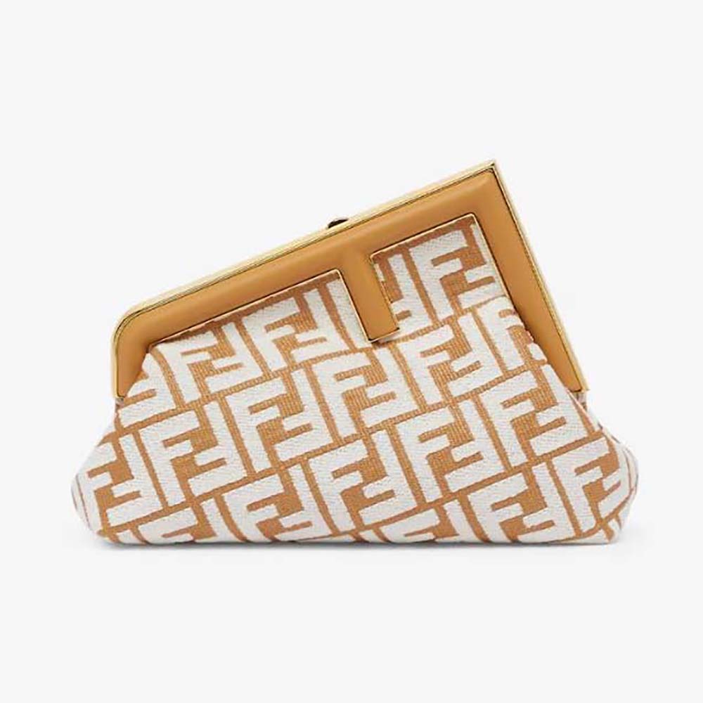 Fendi Women First Small Raffia Bag with White Tapestry Fabric FF Motif