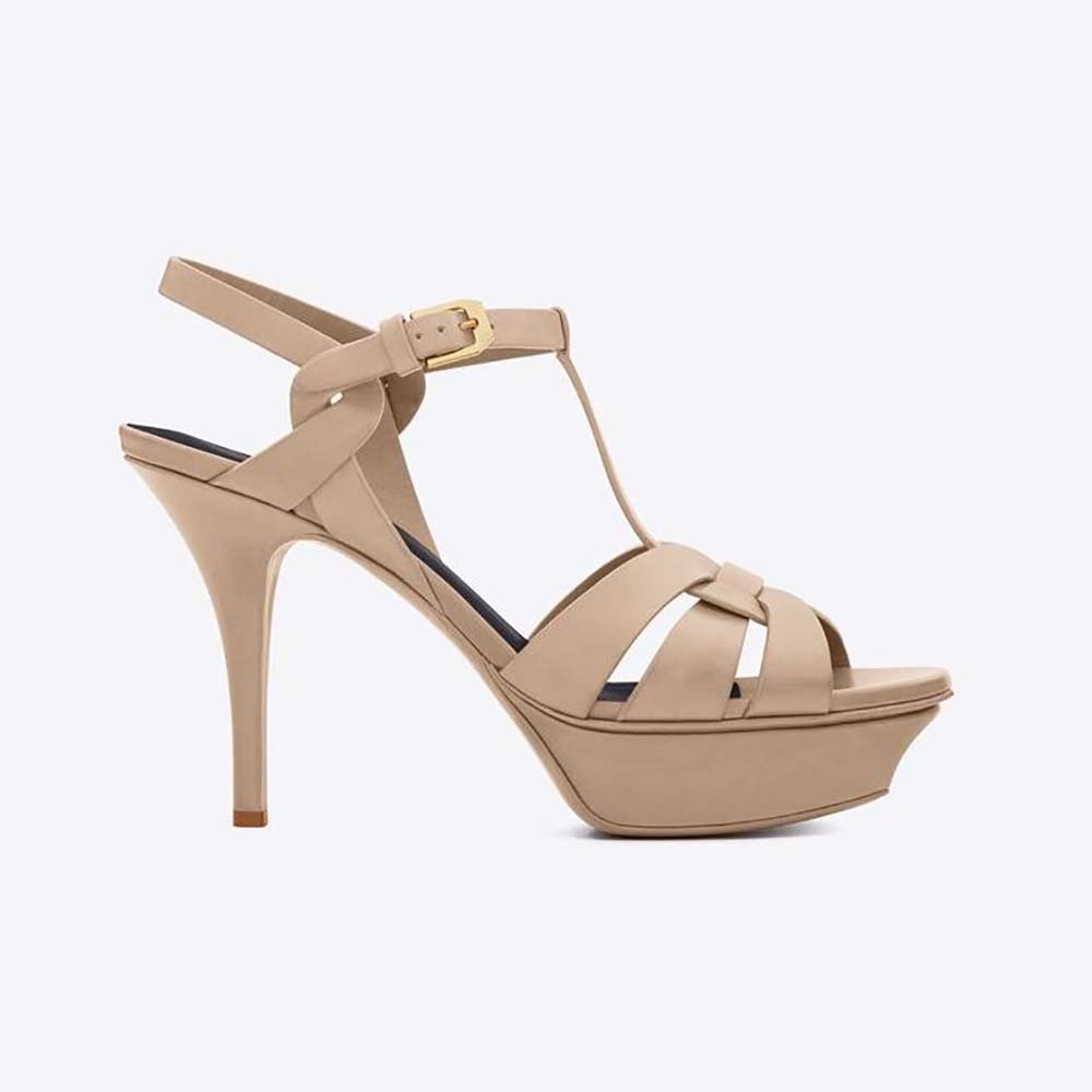 Saint Laurent YSL Women Tribute Platform Sandals in Smooth Leather-Beige