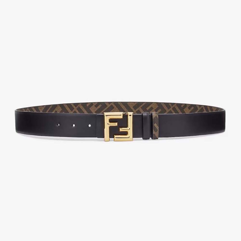 Fendi Men FF Rounded Belt Black Leather Reversible-Gold