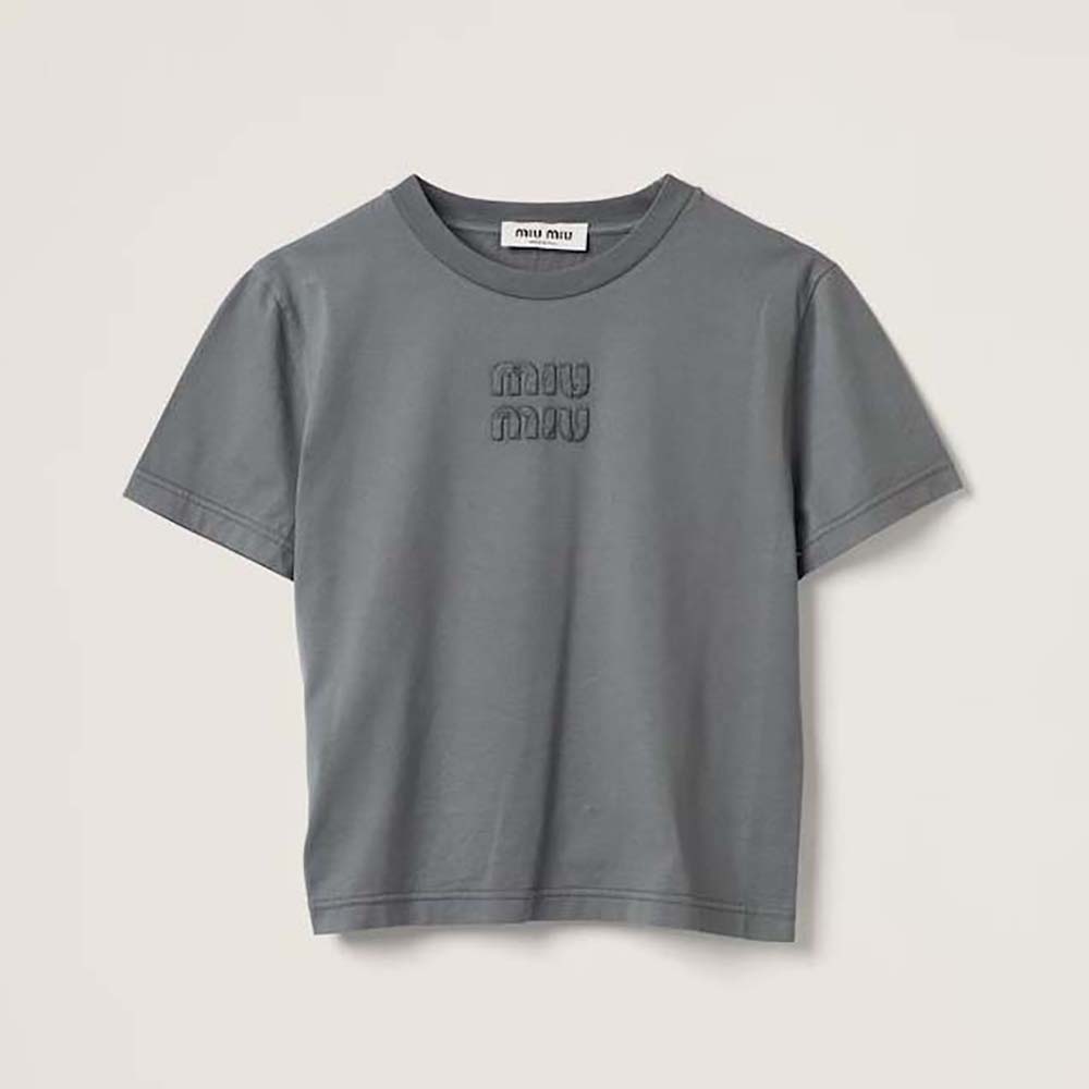 Miu Miu Women Garment-dyed Jersey T-shirt with Embroidered Logo