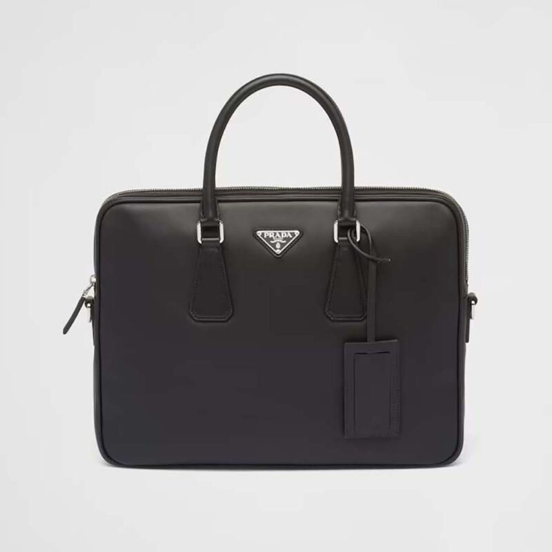 Prada Men Leather Briefcase with Enameled Metal Triangle Logo-2VE025