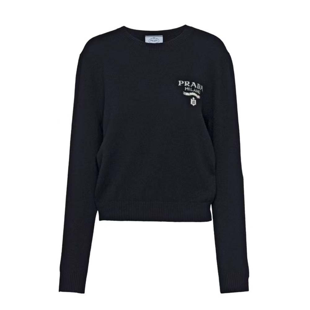 Prada Women Cashmere and Silk Sweater With Intarsia Logo-Black F0008