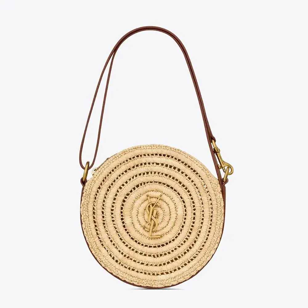 Saint Laurent YSL Women Round Bag in Raffia and Vegetable-Tanned Leather