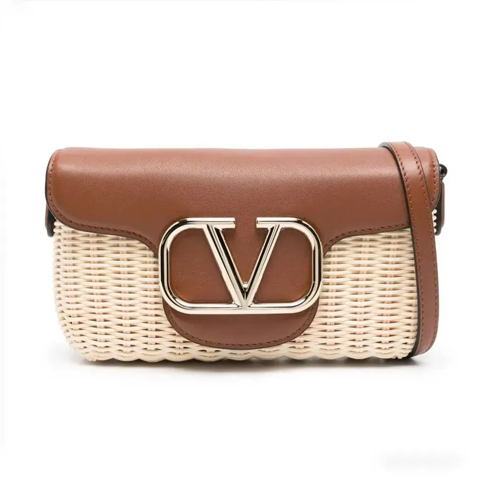Valentino Women Garavani Locò VLOGO Flap Straw Shoulder Bag-Brown