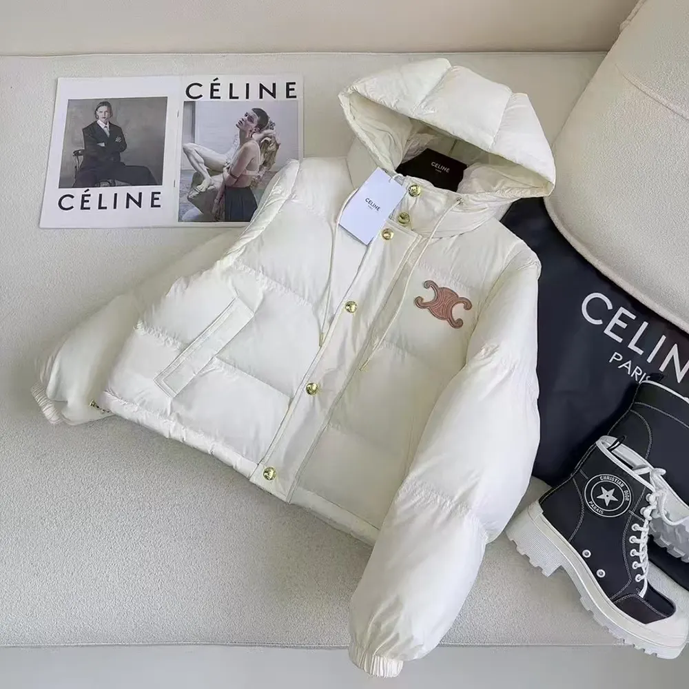 Celine Women Triomphe Cropped Down Jacket in Lightweight Nylon-White